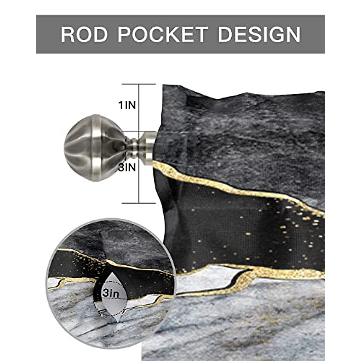 Kitchen Cafe Valance Curtain for Small Windows,Black White Marble with Gold Stripe Rod Pocket Short Blackout Curtains,Abstract Stone Agate Texture Window Treatment for Living Room Bedroom Bathroom