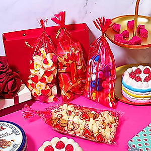200 Pieces Valentine Cellophane Treat Bags Valentine's Day Plastic Heart Bags Candy Goodies Gift Bags and 200 Pieces Gold Twist Ties for Valentine Party Supplies