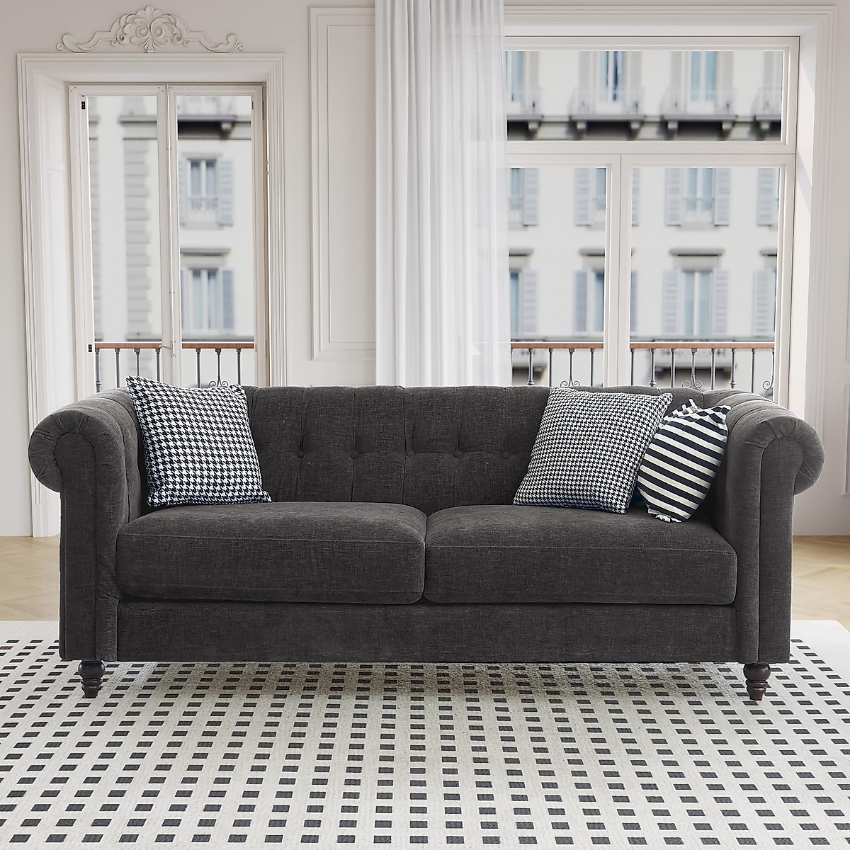 ABCASA 81" Modern Sofa Couch 3 Seater Tufted Chesterfield Sofa for Living Room Chenille Grey(23 Deep Seat)