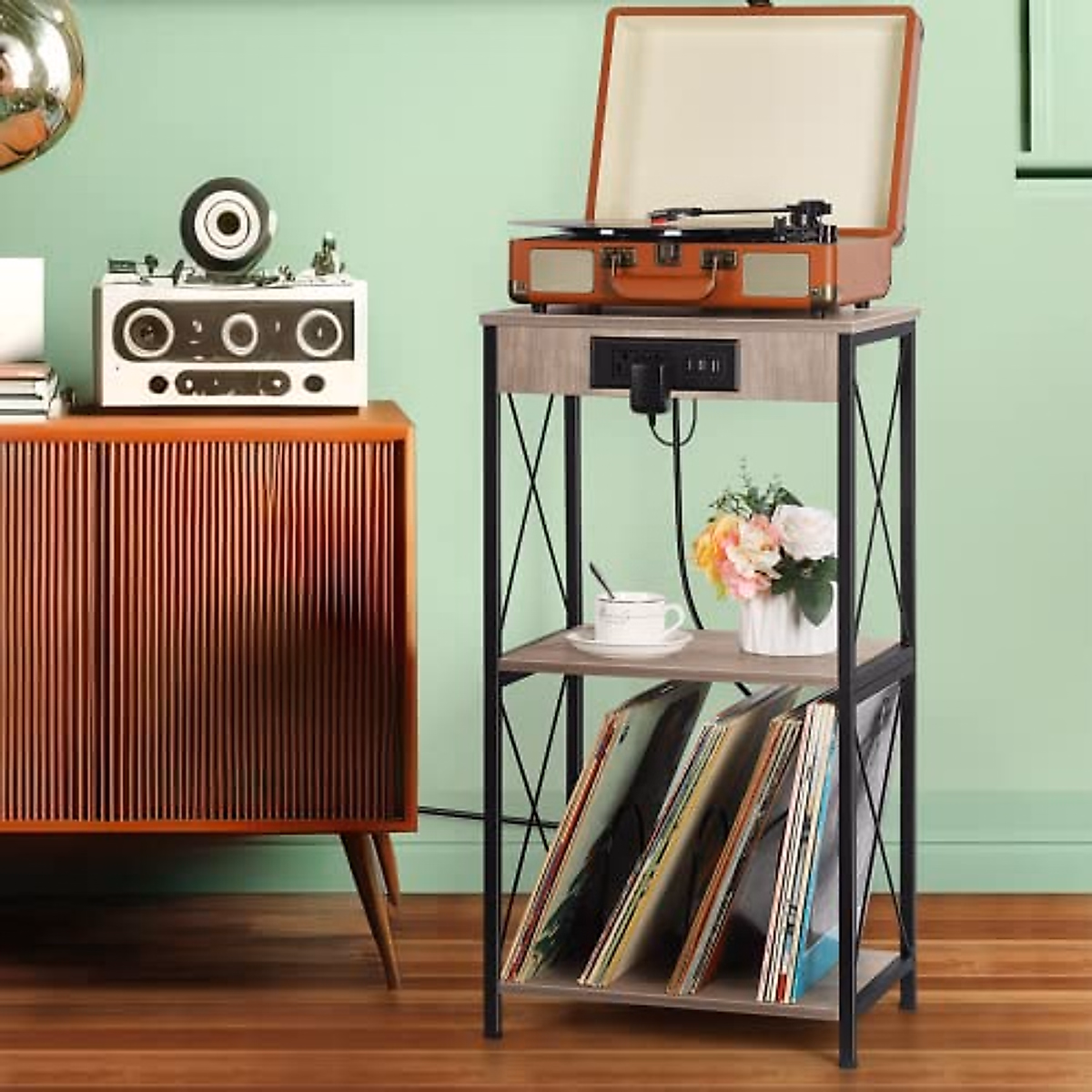 Vrisa 3-Tier Vinyl Record Storage Shelf Record Player Stand with Charging Station, Grey