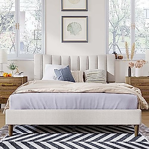 OTRIEK Queen Size Platform Bed, Modern Upholstered Platform Bed, Solid Wood Bed Frame with Vertical Channel Tufted Headboard, No Box Spring Needed for Boys Girls Bedroom (Cream)