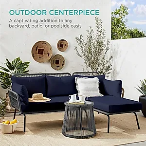Best Choice Products Outdoor Rope Woven Sectional Patio Furniture L-Shaped Conversation Sofa Set for Backyard, Porch w/Thick Cushions, Detachable Lounger, Side Table - Gray/Navy