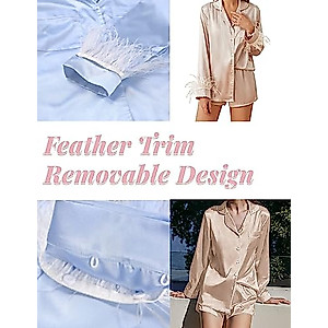 Ekouaer Women's Feather Trim Silk Satin Pajamas Set Long Sleeve Lounge Sets Comfy Long Sleeve Sleepwear Party Pjs Champagne L