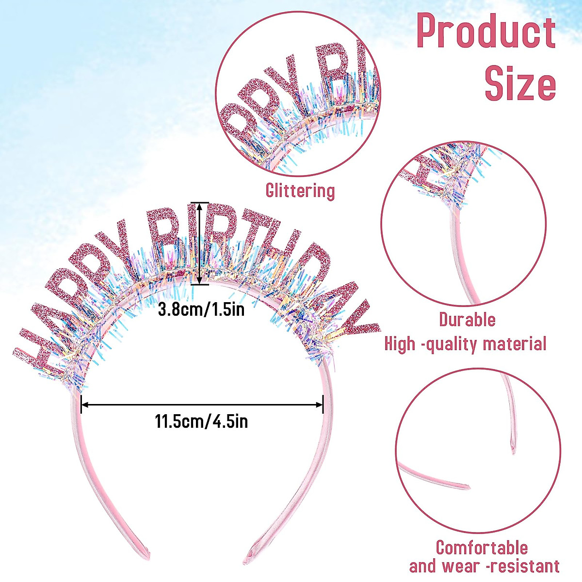 KALIONE Glitter Birthday Tiara Headpiece, Cute Party Headband Decorations for Women Girls, Pink