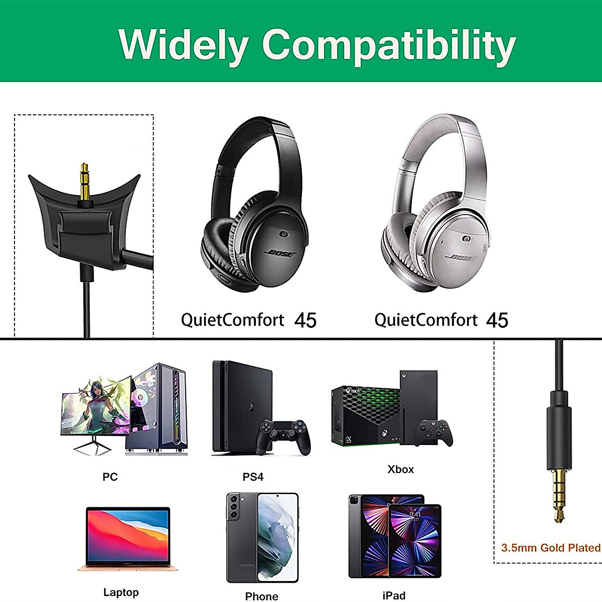 QC45 Boom Microphone Cord Upgraded Professional Gaming headset Cable with Mute Switch Compatible with Bose QuietComfort45& QC 45 Noise Cancelling Headphone, Work for PS4 PS5 Xbox One Controller