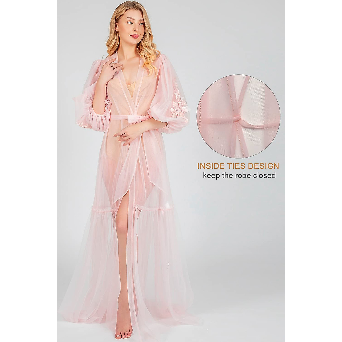 HHQ Women's Lace Long Robe Tulle Bridal Nightgown Sexy Sheer Boudoir Nightwear Long Sleeve Ladies Lingerie Maxi Dress(Pink,L)