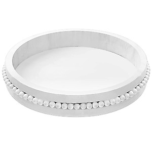 Decorative Beaded Round Cake Tray Distressed Coffee Table Tray Whitewashed Round Wood Tray Rustic White Round Tray Decorative Trays Farmhouse Serving Tray Vintage Wooden Trays for Kitchen Centerpiece