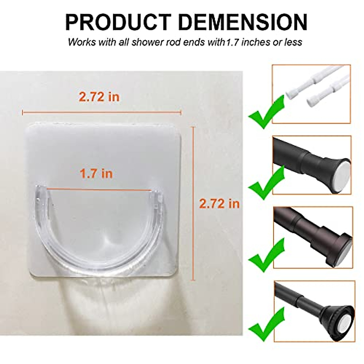 Venupple Spring Tension Rod Holder, 4 Packs Transparent Shower Rod Bracket No Drilling for Spring Rod Head Less Than 1.7in, Adhesive Tension Curtain Rod Retainer Shower Curtain Rod Holder