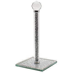 Handmade Silver Paper Towel Roll Holder, Filled with Sparkly Crystal Crushed Diamonds for Kitchen / Bathroom Towel Tissue Roll Countertop, 13inch Height 6.3inch Square Base Freestanding Holder