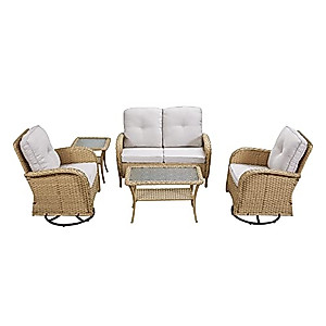 HUMMUH 5-Piece Patio Furniture Wicker Outdoor Conversation Set,All-Weather Rattan Swivel Chairs Bistro Set with Loveseat Coffee Table for Backyard,Poolside,Deck (Yellow/Beige)