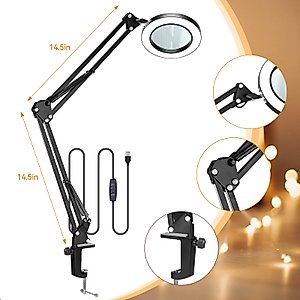 Magnifying Glass with Light and Stand, LAKIX 10X Lighted Magnifying Glass with 72 LED Lights, 3 Color Modes Lighted Magnifier & Adjustable Arm for Reading, Craft, Painting and Close Work (Black)