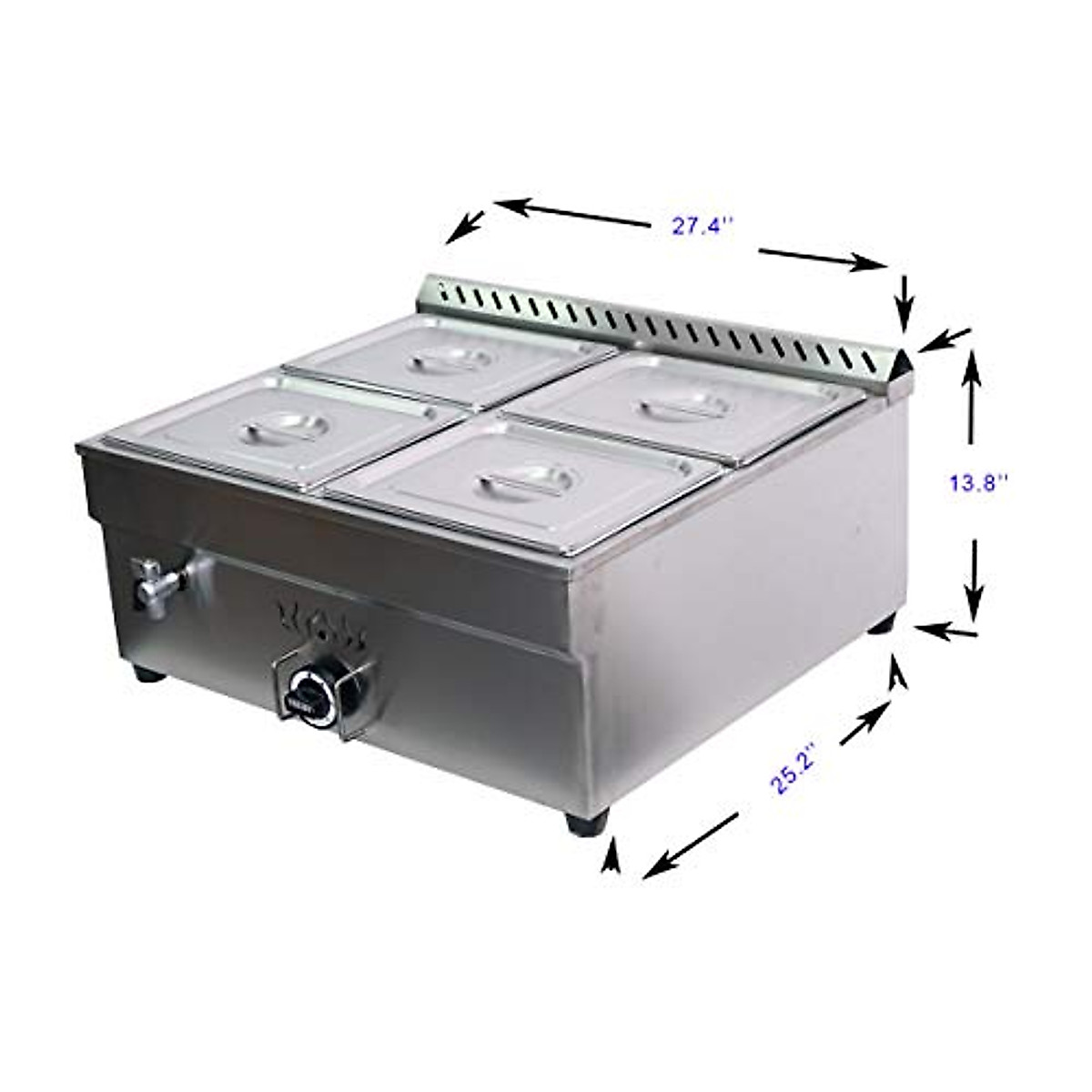 INTBUYING LP Gas Food Soup Warmer Propane Gas Stove Bain-Marie Commercial Canteen Buffet Steam Heater Stainless Steel with Gas Regulator Valve 12''x8.7''x4''Pan-4 Pans（Square）