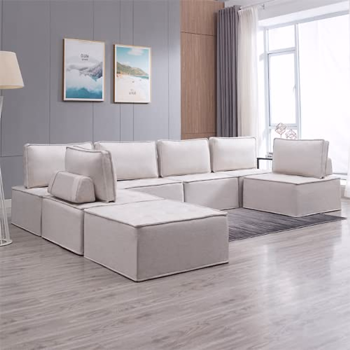 ZAFLY Modular Sectional Sofa, Convertible L Shaped U Shaped Couch Sofa, Living Room Furniture Sets Modern Armless Floor Sofa, Couch for Living Room Bedroom, 7PCS (Beige)
