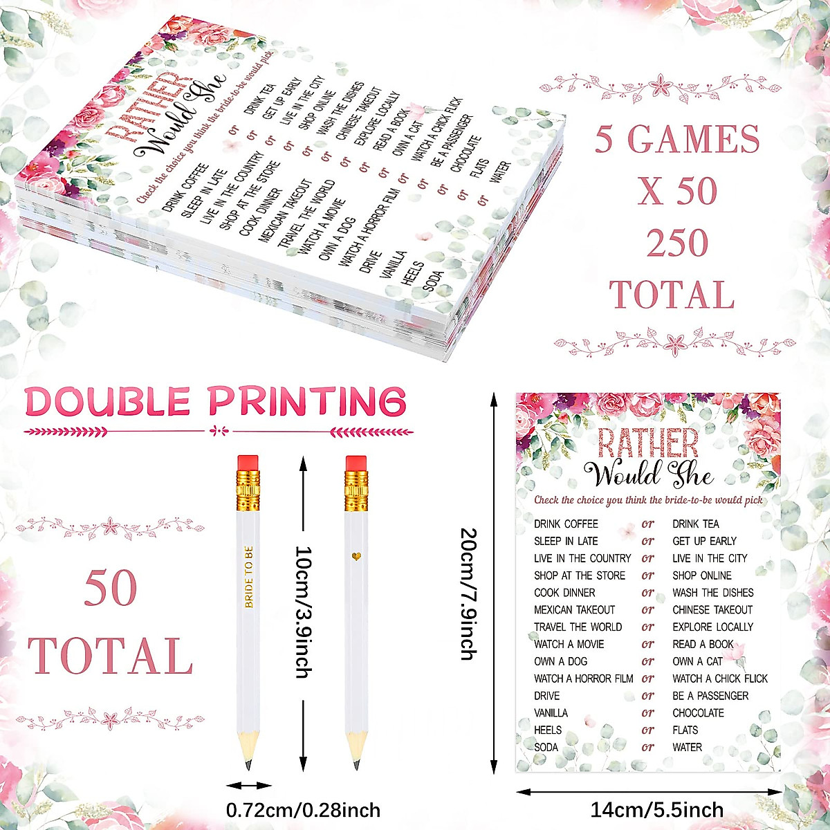300 Pcs Bridal Shower Games Supplies Include 5 Sets 50 Wedding Games Cards and 50 Pencils, Bridal Shower Decorations Bridal Favors for Guests Bride Groom Bridal Wedding, 50 Guests (Fresh Style)