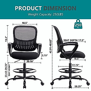 JHK Drafting Standing, Tall Desk Counter Height Adjustable Office Chairs with Comfortable Padded Armrests, Black