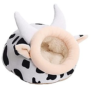 POPETPOP Mini Hamster Bed Hideouts Houses, Cotton Small Animal Pet Nest Cave Cute Cow Shaped Warm Rat Bed Hamster Warm Nest Hamster Fleece Hut Winter House for Dwarf Hamster Mice 11x11cm