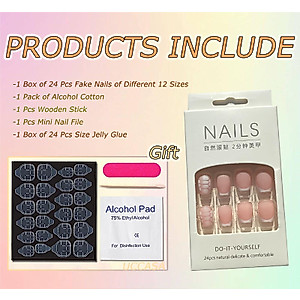 French Tip Press on Nails Short False Nails White Nail Tips Acrylic Nails with Ripple Design Fake Nails Square Shape Glue on Nails Cute White Artificial Nails Short Stick on Nails for Women Decoration