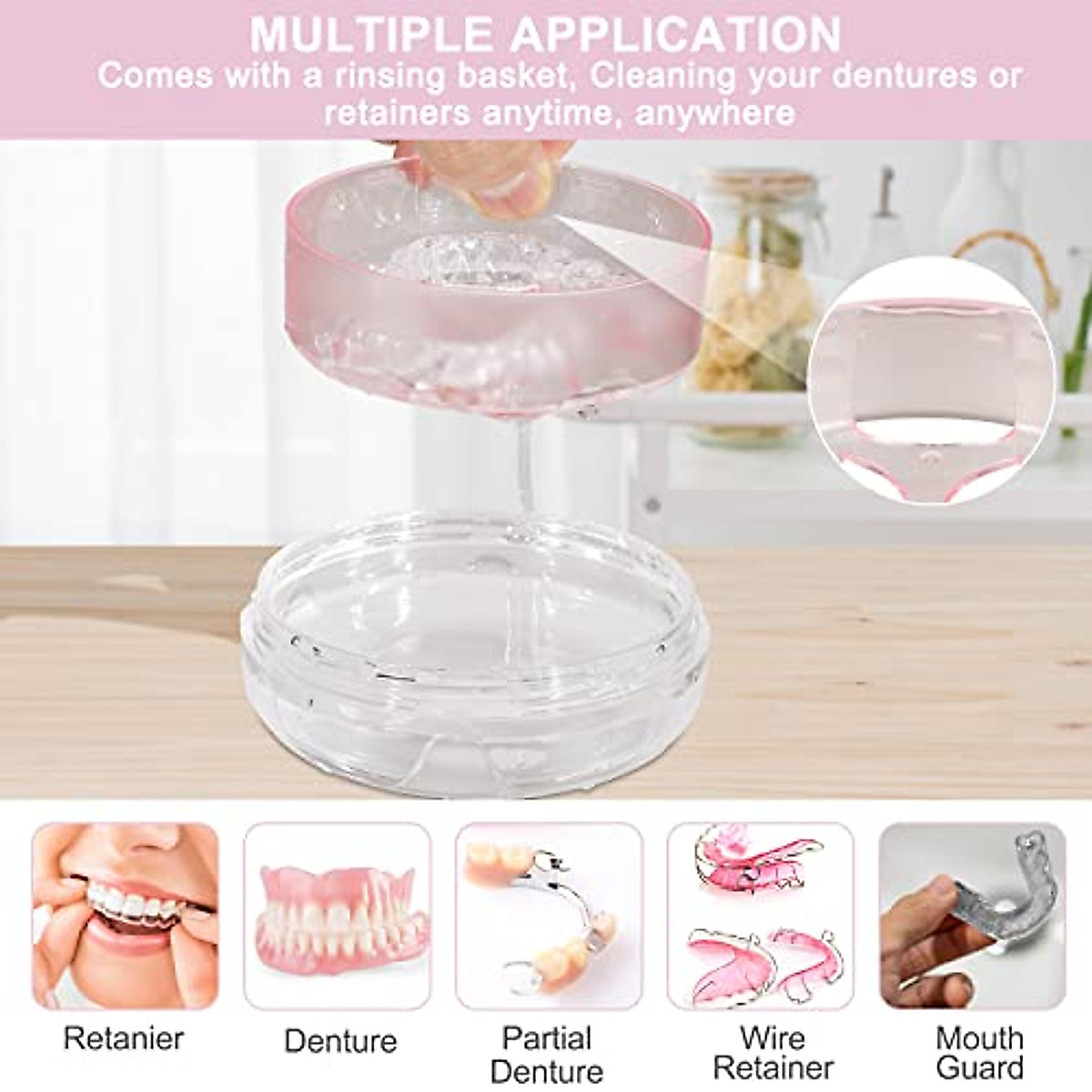 Denture Case, Leak Proof Denture Bath Case Cup Kit for Travel Cleaning, Denture Holder Box Bath Soaking Container for Women & Men with Mirror, Strainer, Removal Tool and Denture Brush(Pink)