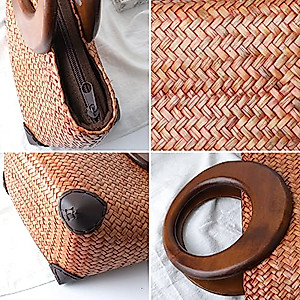 QTKJ Hand-woven Womens Straw Boho Handbag Bag for Women, Summer Beach Rattan Tote Travel Bag with Wood Round Top Handle (Khaki 2)