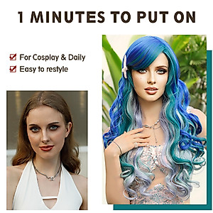 7JHH WIGS Long Wavy Costume Wigs Cosplay Mermaid wig for Women Halloween Party Used High Temperature Heat Resistant Fiber Natural Hairline Cos I Love Lucy Wig (28in, Blue Purple Mermaid Ombre Wig)