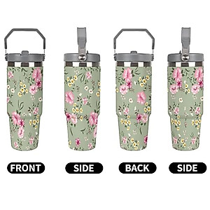 GemGam Stainless Steel Tumbler with Lid And Straw 30 Oz Top Handle Pink Vintage Flower Summer Leakproof Vacuum Insulated Water Bottle for Car Travel Tropical