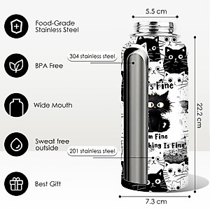 WWHSAI Cat Lover Gifts, Everything Is Fine I'm Fine Black Cats Water Bottle Travel Tumbler 32Oz, Christmas Birthday Gift for Cats Lovers Women Cup Cute Cat Themed Stuff Funny Coffee Mugs