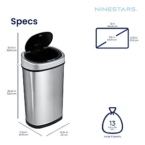 NINESTARS DZT-50-9 Automatic Touchless Infrared Motion Sensor Trash Can, 13 Gal 50L, Stainless Steel Base (Oval, Silver/Black Lid)
