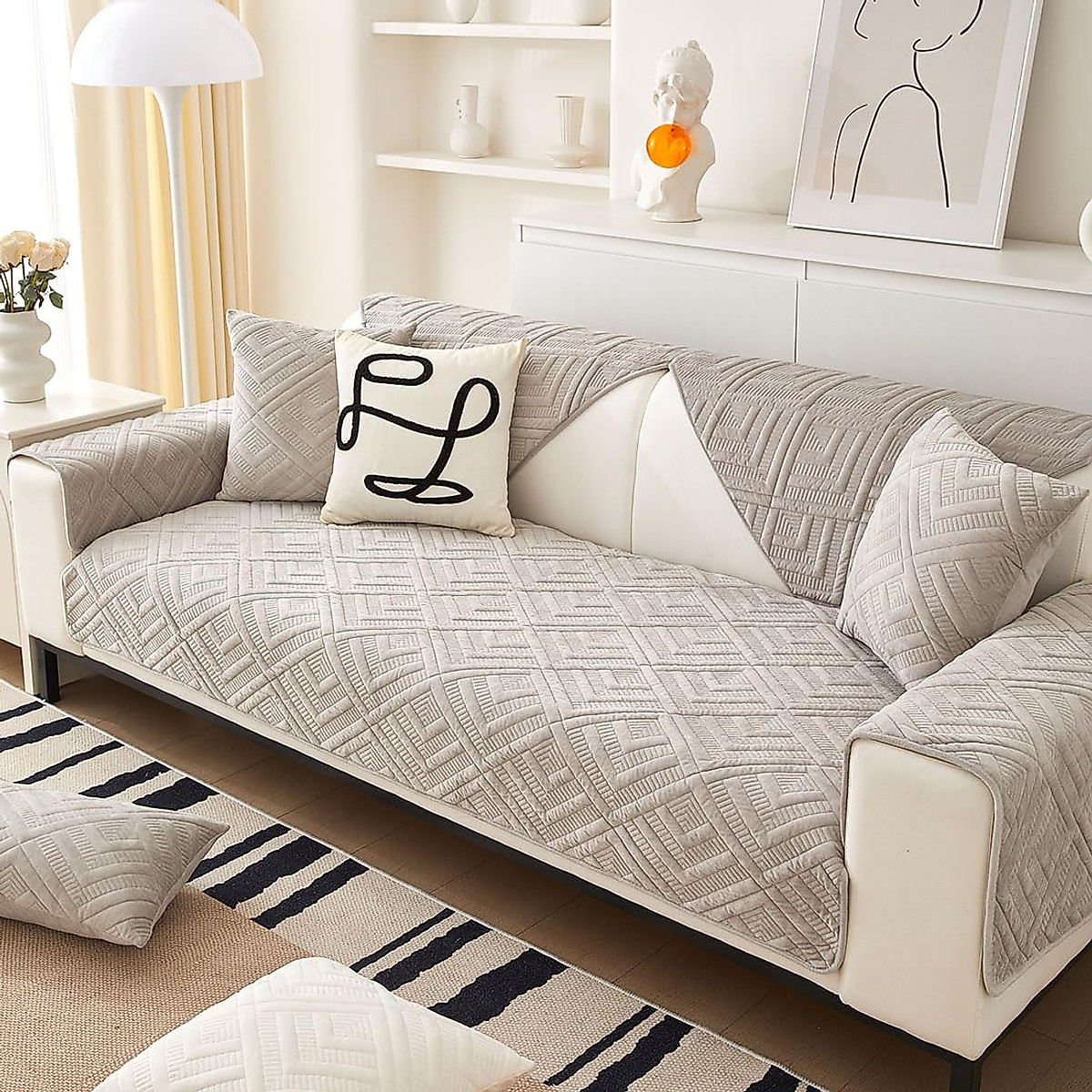 vctops Luxury Velvet Plush Couch Sofa Cover Geometric Quilted Sectional Couch Covers Anti-Slip Sofa Slipcovers for Dogs Cats Kids Loveseat Recliner L Shaped Armrest Backrest (Light Grey,43"x82")