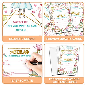 YQV Wonderland 1st Birthday Invitations Cards, 4"x 6" Onederland Birthday Party Invites with Envelopes for Party Decorations Supplies(20 Pieces) -D25