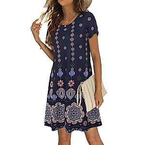 Sherosa Women's Easter Dresses Floral Sun Dresses Summer Casual with Pockets Loose Cotton Dresses(L,Navy Blue Floral)