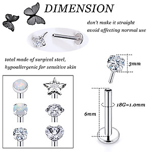 18G Threadless Push in Lip Rings Stainless Steel Labret Jewelry Monroe Lip Rings Nail Cartilage Tragus Helix Earrings Studs Nose Ring Medusa Piercing Jewelry For Women Men CZ Opal 18 Gauge 6MM Length