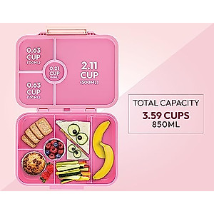KOMUNURI LeakProof Bento Lunch Box for Kids, 4 or 5 Compartments, Microwave Safe, Dishwasher Safe, BPA Free, Lightweight, Kid Friendly Latch (True Pink - Butterflies & Flowers)