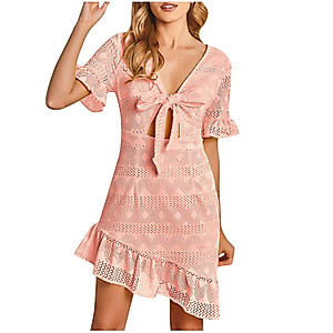 Padaleks Womens Deep V Neck Front Knot Tie Dresses Short Sleeve Sexy Ruffles Fashion Irregular Hem Mini Dress