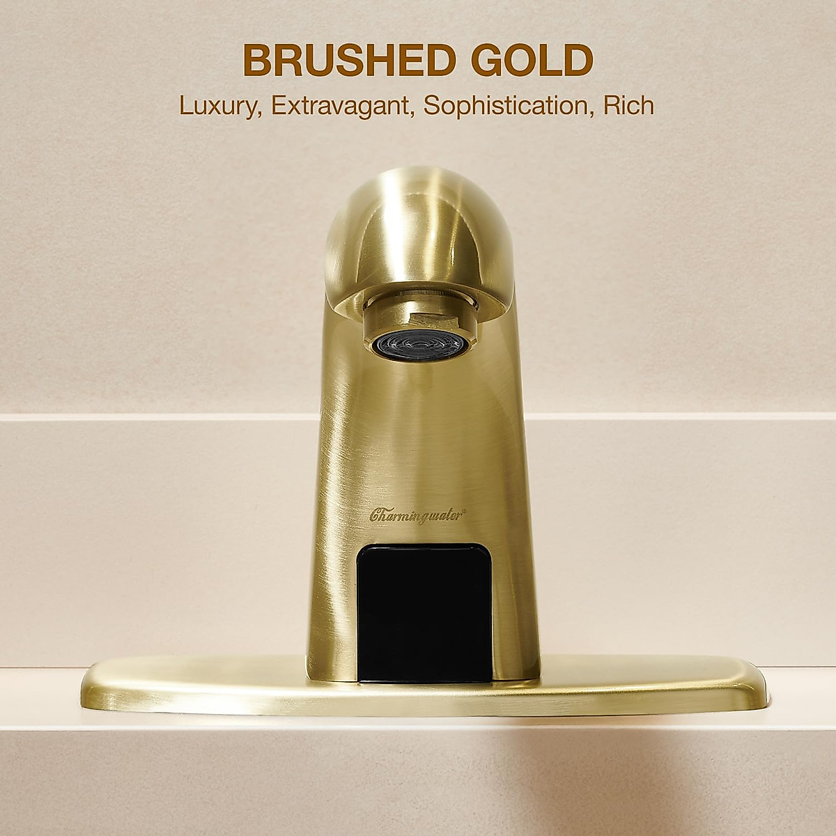 Charmingwater Touchless Bathroom Sink Faucet, Motion Automatic Sensor Faucet with Hole Cover Plate, Brushed Gold