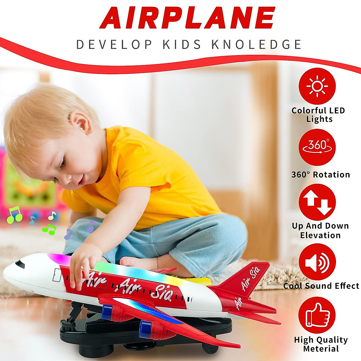 Blooming lilies Musical Plane Toys for Toddlers, Airplane Crawling Toys with Smart Steering for Infant Early Educational, Baby Toys for 3+ Year Old Boys Girls
