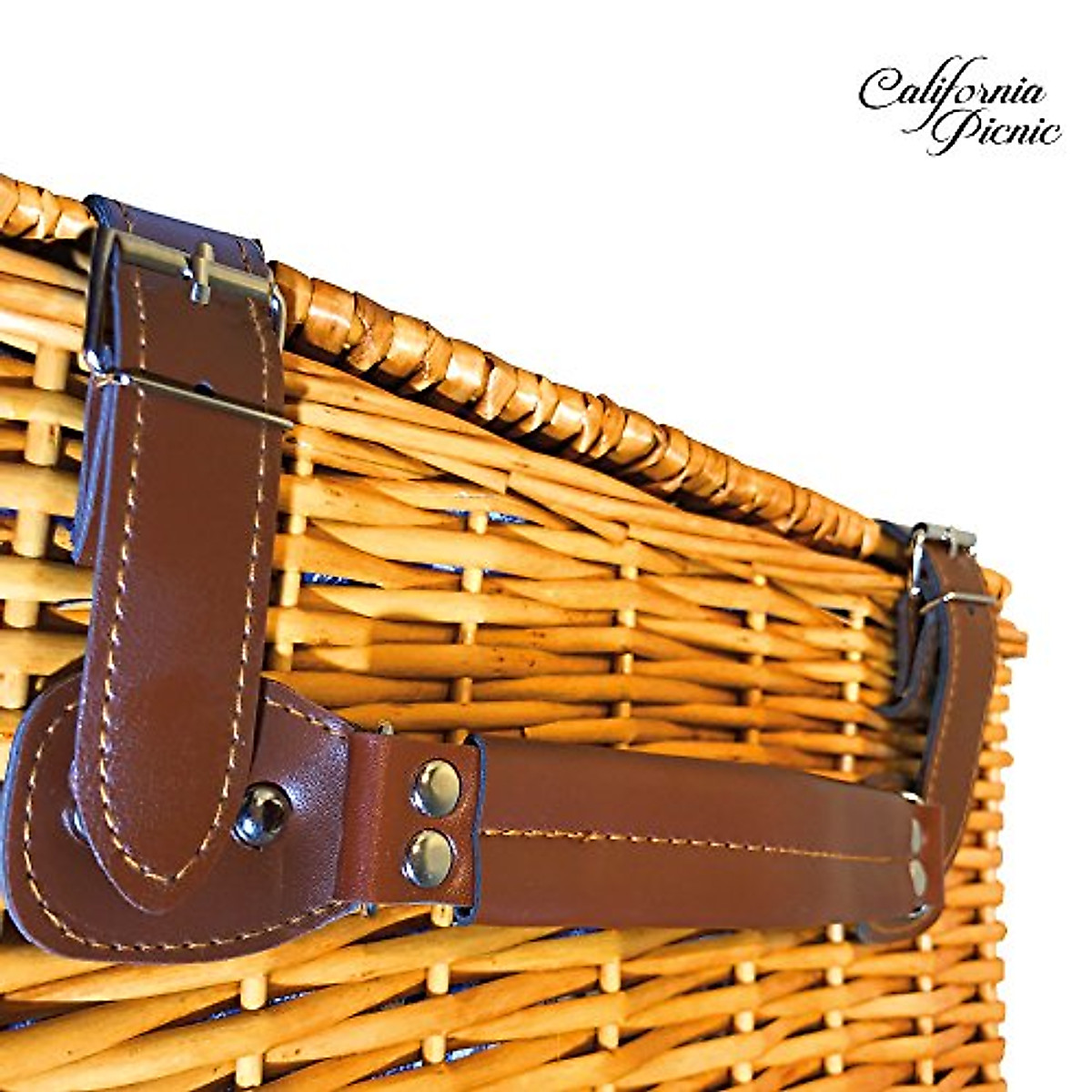 Picnic Basket Set - 2 Person Picnic Hamper Set - Waterproof Picnic Blanket Ceramic Plates Metal Flatware Wine Glasses S/P Shakers Bottle Opener Blue Checked Pattern Lining Picnic Set | Picnic Tote