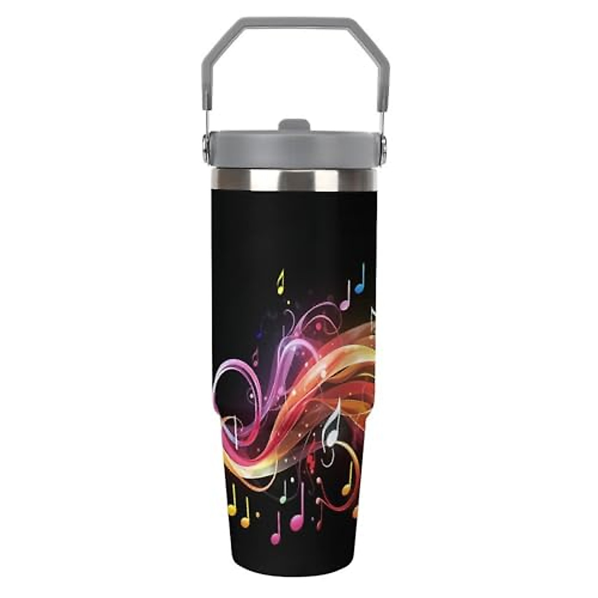 BWQJKUO Large Capacity Car Cup 30 Oz Stainless Steel Rainbow Musical Note Melody Printed Travel Mug Leak-proof Flip Straw Tumbler with Handle,keeps Cold Or Ho