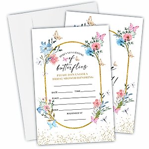 25 Bridal Shower Invitation Cards With Envelopes - Here's To A Lifetime Of Butterflies - Floral Golden Oval Invites For Newlyweds, Wedding & Bridal Shower Celebration, Party Favor & Decorations - B16