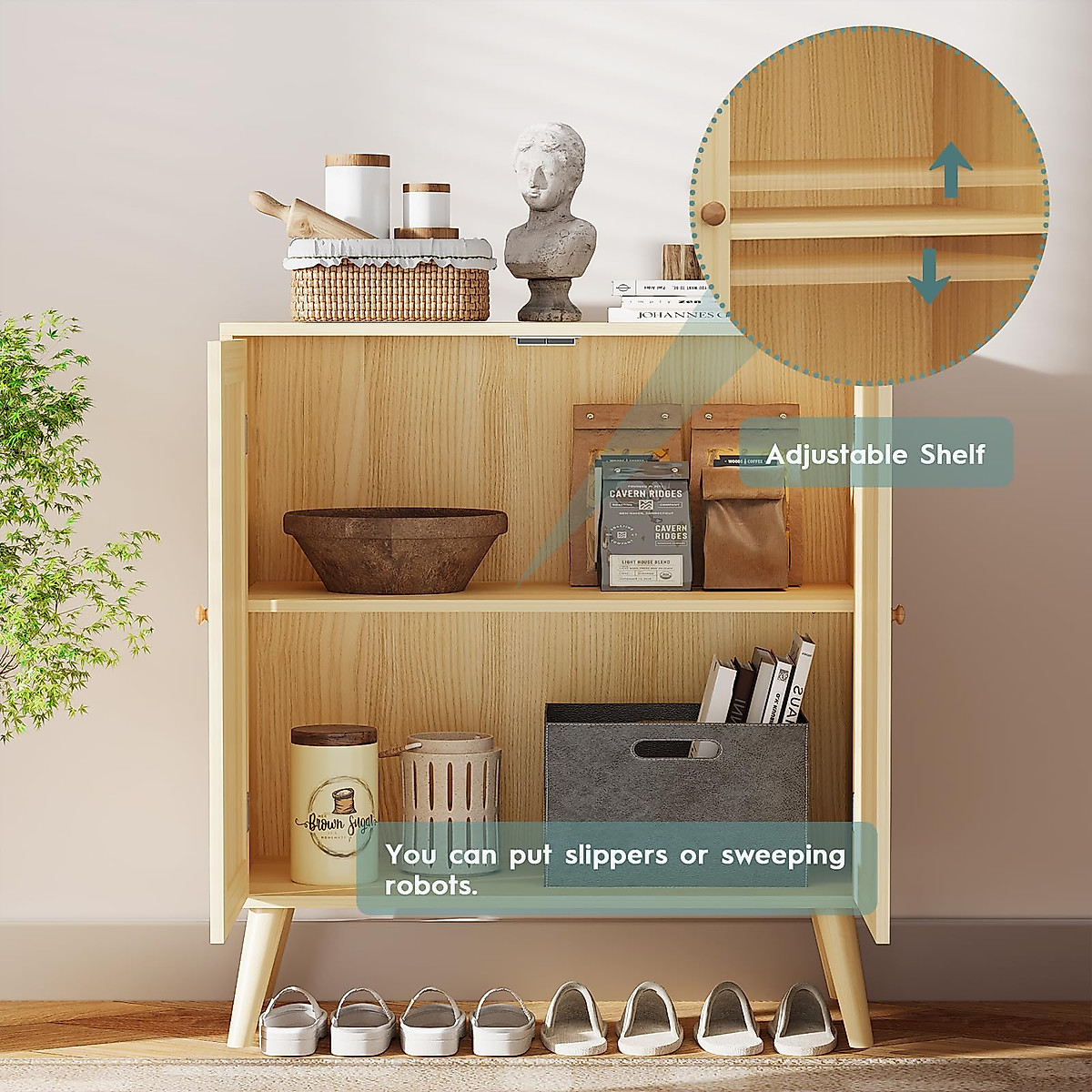 EOYUTLLY Sideboard Buffet Cabinet, Kitchen Buffet Storage Cabinet with Rattan Doors, Accent Cabinet with Adjustable Shelves for Hallway,Kitchen,Living Room, 31.5 x 15.7 x 35 Natural, Assemble Easily