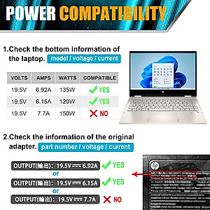Replacement 135W 19.5V 6.9A HP Laptop Charger AC Adapter Compatible with HP Spectre x360, OMEN Pavilion Gaming 15 17 ec0013dx 15-ec0751ms L15534-001 TPN-DA11 TPN-CA13 Power Supply Cord 4.5 * 3.0mm