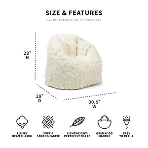 Big Joe Milano Bean Bag Chair, Ivory Shag Fur, 2.5ft