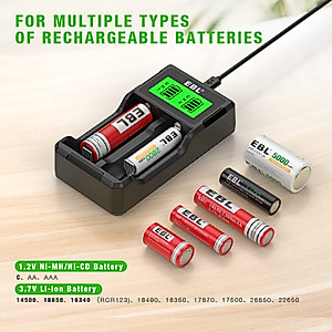 EBL Universal 18650 Battery Charger for 3.7V Lithium ion Rechargeable Batteries 26650 22650 18650 18490 18350 17670 17500 16340 (RCR123) 14500 and 1.2V Ni-MH Ni-CD Rechargeable C AA AAA Batteries