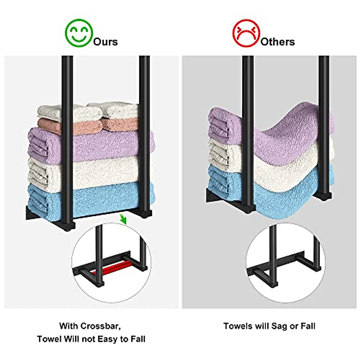 Nidouillet Wall Towel Rack for Rolled Towels, New Upgrade 2 Bar Towel Racks for Bathroom Wall Mounted, Bathroom Towel Storage, Metal Bath Towel Holder for Folded Large Towel Washcloths, Black