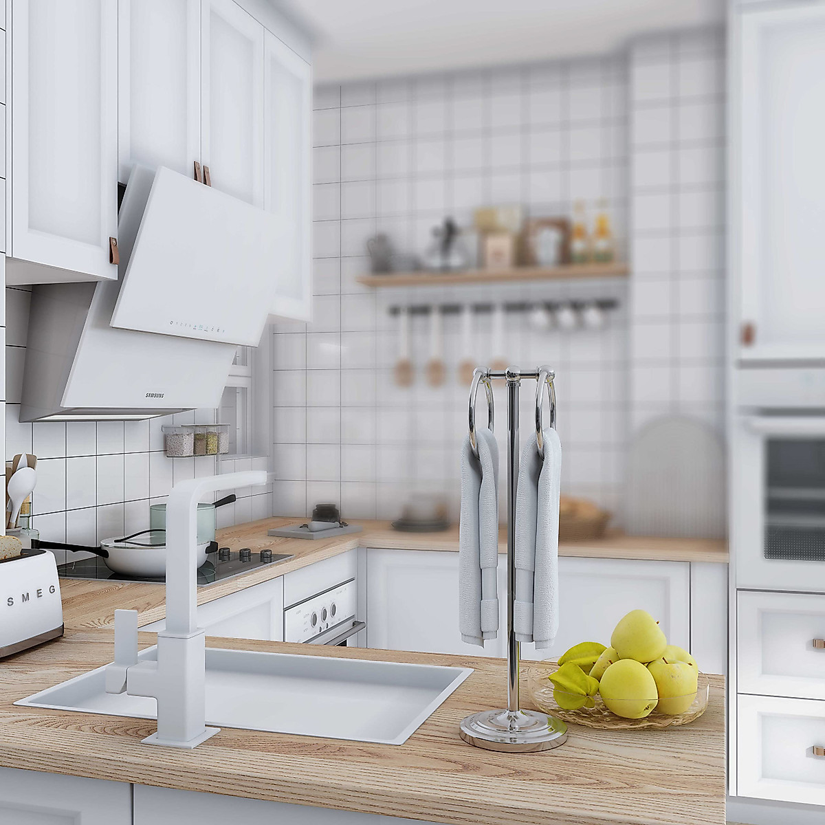 BGL Fingertip Towel Holder Stand Hand Towel Ring for Bathroom or Kitchen Vanity Countertops to Store Hand Towels Washcloths or dishcloths - 2 Hanging Rings，17" High-Chrome