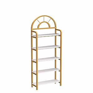 Tribesigns White and Gold Arched Bookshelf 5 Tier Bookcase, Gold Shelves for Living Room Freestanding Tall Display Shelf, Decorative Shelf for Bedroom