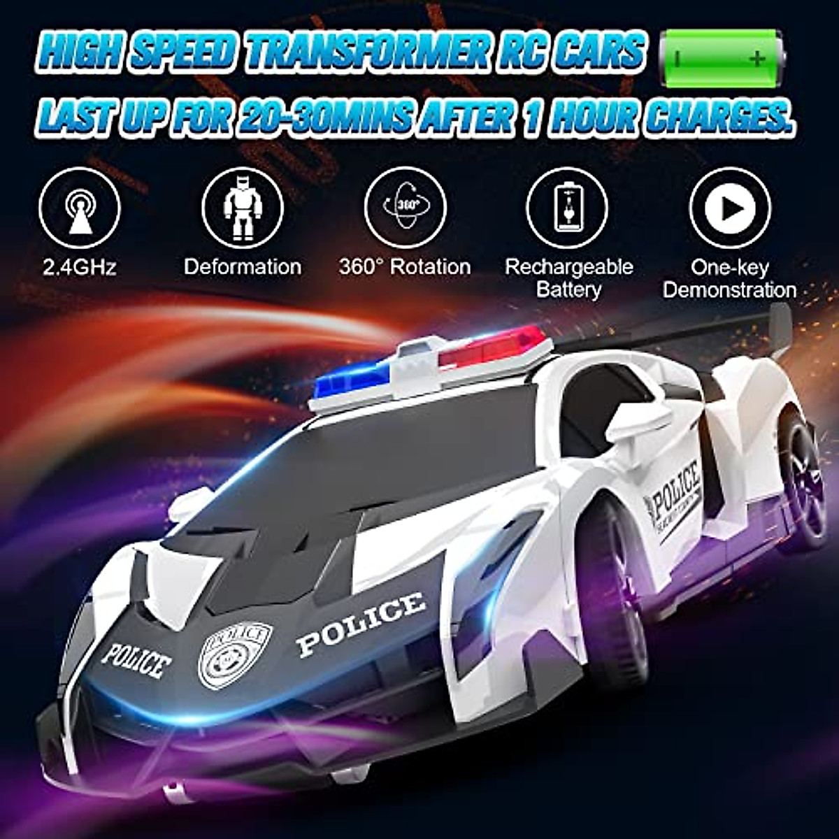 BLUEJAY Transform Rc Cars for Boys 4-7 8-12, 2.4Ghz 1:18 Scale Remote Control Car Transforming Robot, One-Button Deformation 360° Rotation and Drift Car Toy Gifts for Boys 3-5 (White)
