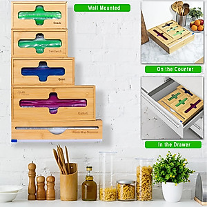 Bamboo Food Bag Storage Organizer for Kitchen Drawer, Plastic Bag Organizer with Individual Boxes and Plastic Wrap Cutter - for Sandwich, Slider, Quart, Slider Quart, Gallon, Plastic Wrap, Foil