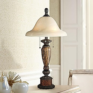 LAYSSA Traditional Table Lamp 28" Tall Warm Bronze Marble Alabaster Glass Shade for Bedroom Living Room Bedside Nightstand Office