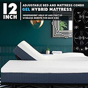 Blissful Nights Premium Adjustable Bed Frame and 12 Inch Hybrid Gel Infused Memory Foam Mattress Medium Soft Feel CertiPUR-US Certified (Split King)