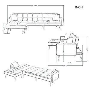 ERYE L-Shaped Tufted Corner Sectional Sofa Convertible Sleeper Couch Bed with Reversible Chaise Lounge,Pillows,Movable Ottoman & Nailhead Decor for Living Room